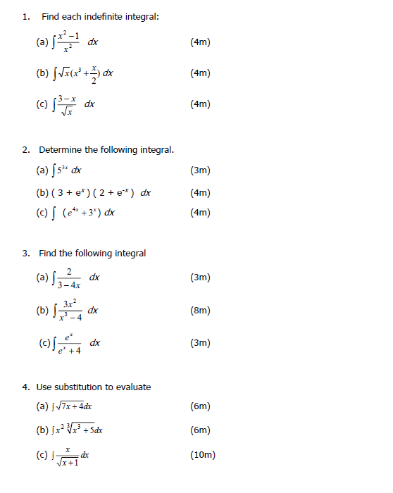 Solved 1. Find each indefinite integral: dx (4m) (b) (Vefx' | Chegg.com
