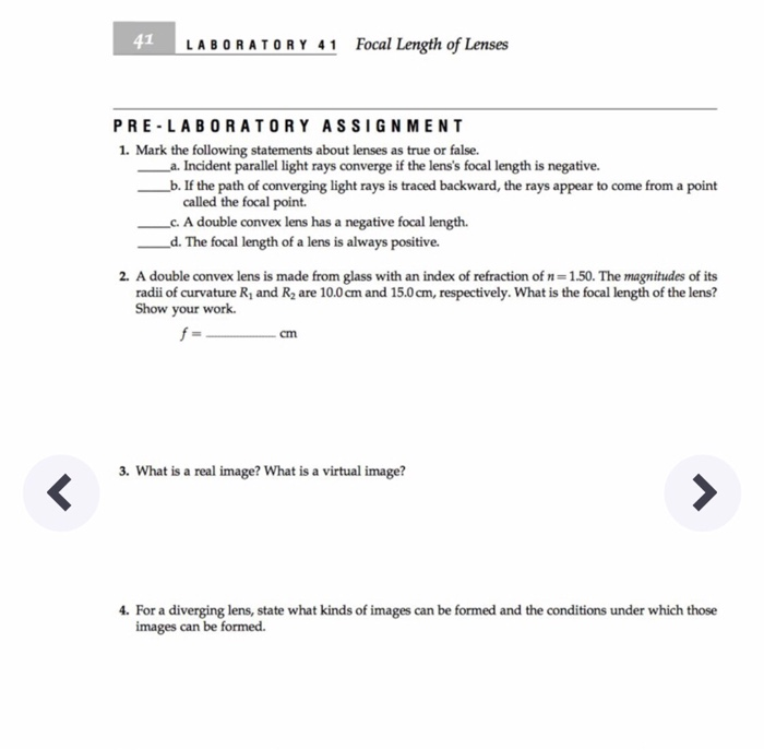 Solved 1 Focal Length of Lenses LABORATORY 41 PRE LABORATORY | Chegg.com