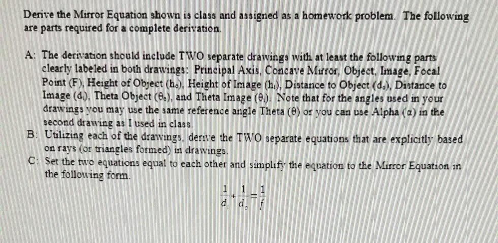 Solved Derive the Mirror Equation shown is class and | Chegg.com