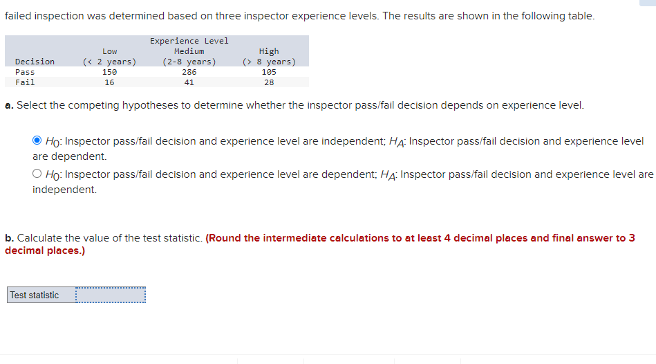 Solved failed inspection was determined based on three | Chegg.com