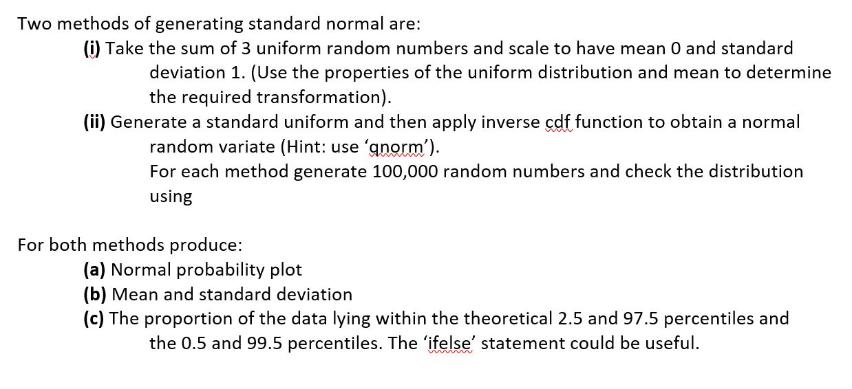 Solved Two methods of generating standard normal are: (i) | Chegg.com