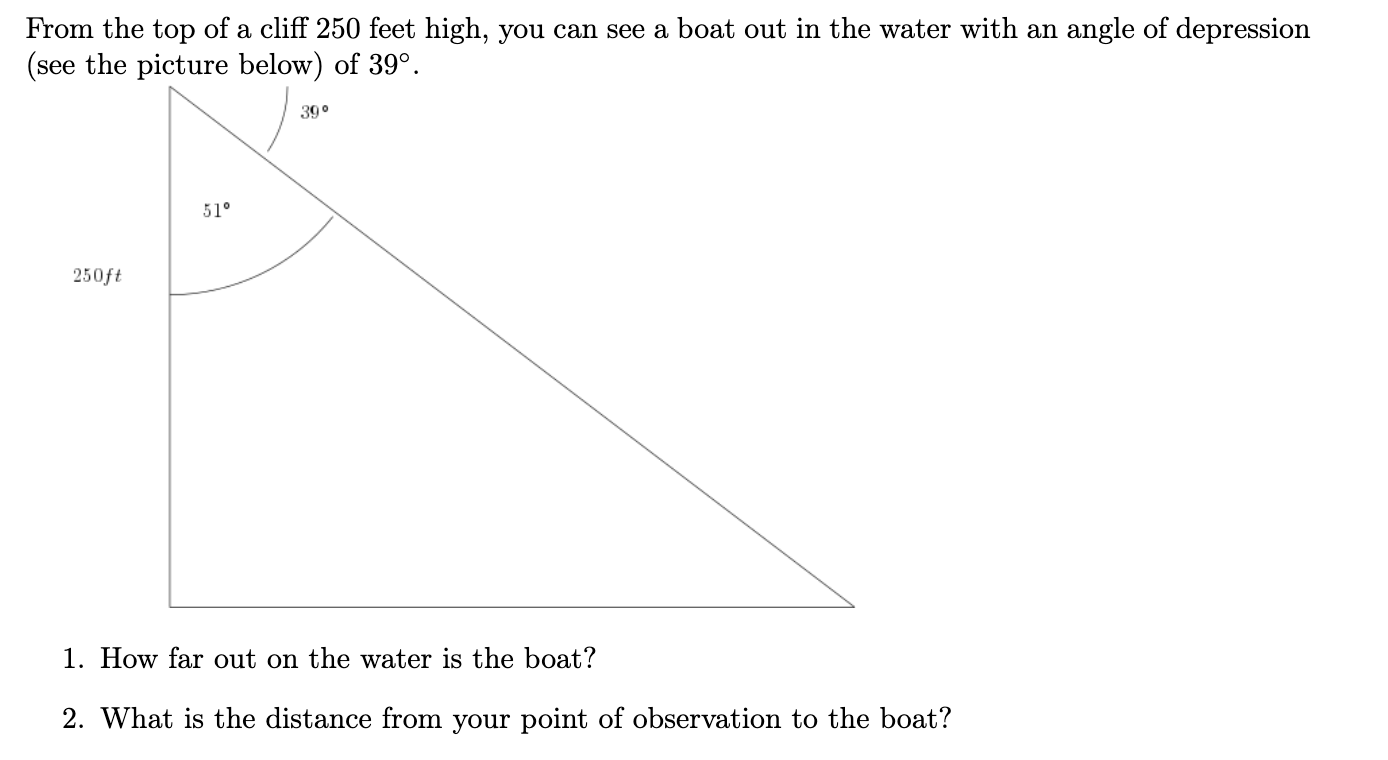 Solved From the top of a cliff 250 feet high, you can see a | Chegg.com
