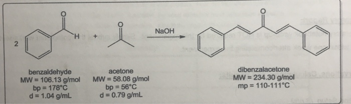 Solved 2 dibenzalacetone acetone benzaldehyde MW- 106.13 | Chegg.com