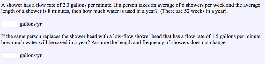 Solved A shower has a flow rate of 2.3 gallons per minute. | Chegg.com