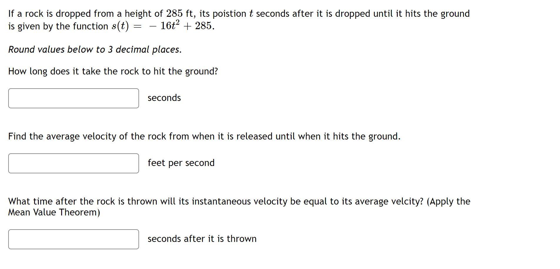 Solved If a rock is dropped from a height of 285 ft, its | Chegg.com