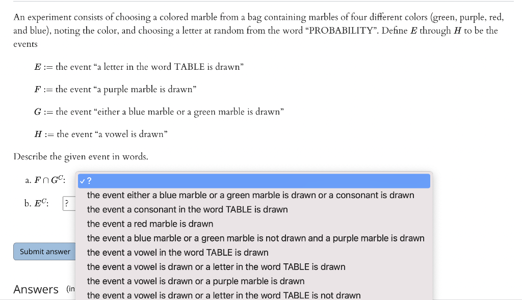 Solved An experiment consists of choosing a colored marble | Chegg.com