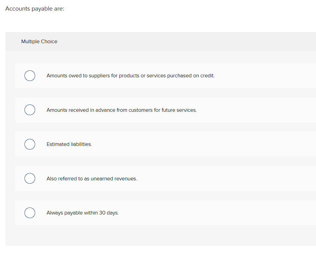 Solved Accounts payable are: Multiple Choice Amounts owed to | Chegg.com