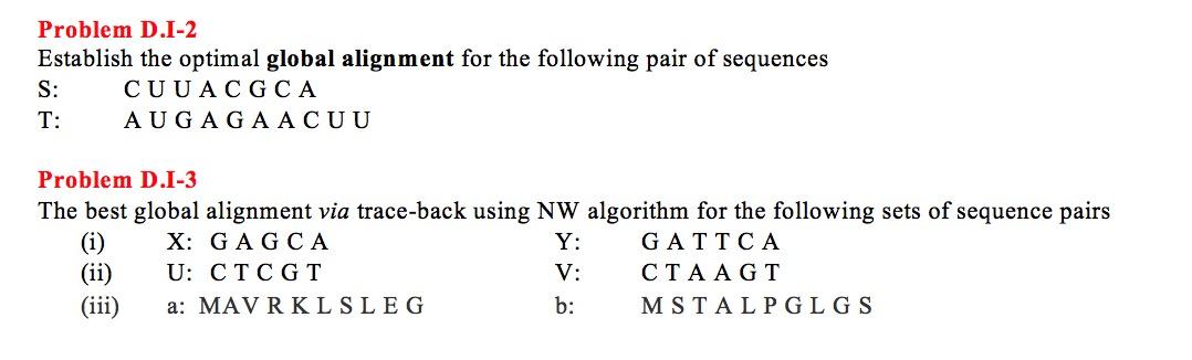 Solved Problem D.I-2 Establish the optimal global alignment | Chegg.com