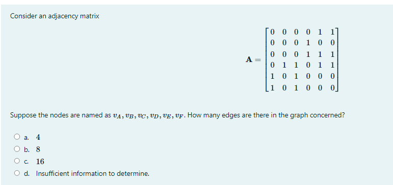 Solved Consider an adjacency matrix | Chegg.com