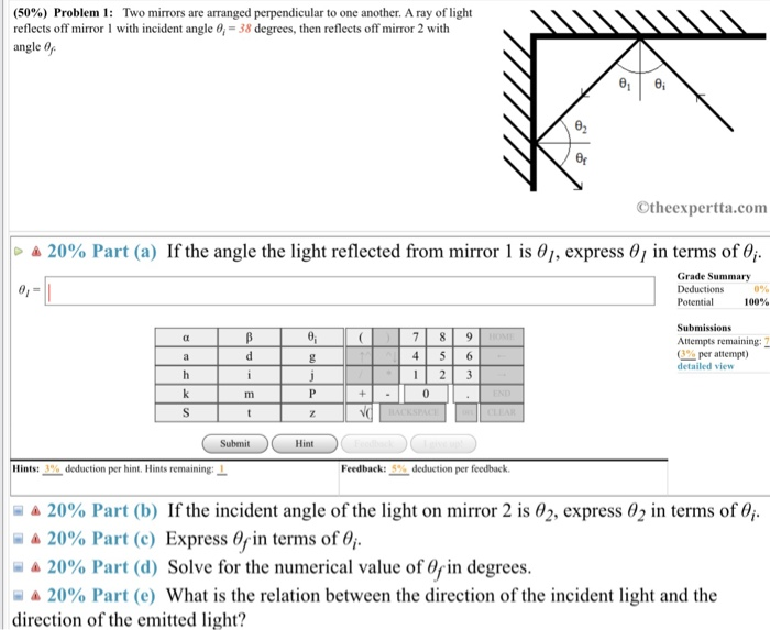 Solved (50%) Problem 1 : Two mirrors are arranged | Chegg.com