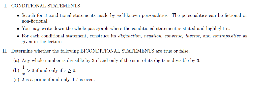 Solved I. CONDITIONAL STATEMENTS • Search for 3 conditional | Chegg.com