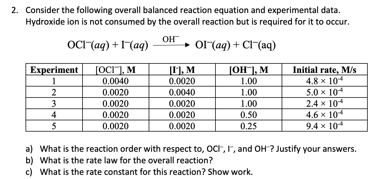Solved 2. Consider the following overall balanced reaction | Chegg.com