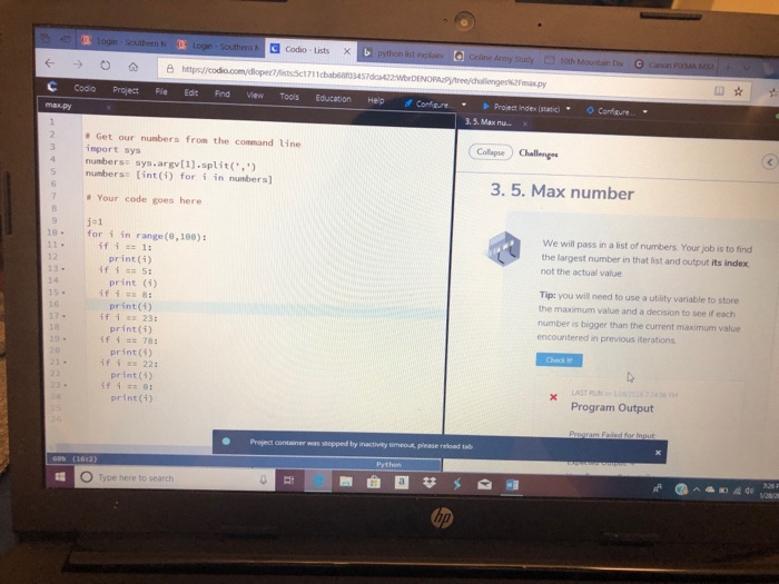 Solved Codio-Lists X python ist explain ists5c171 Fmax py C | Chegg.com