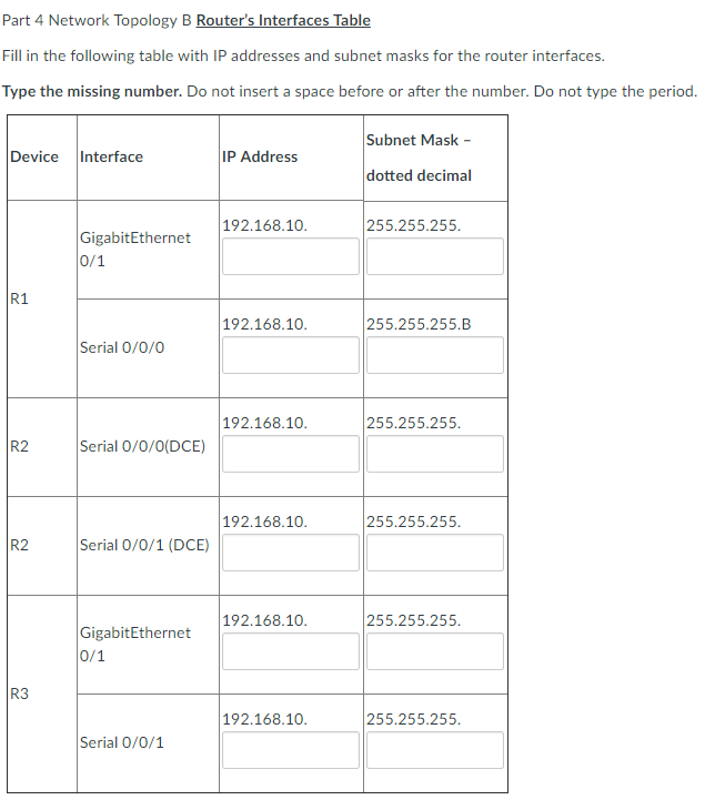 Solved Part 4 Network Topology B Router's Interfaces Table | Chegg.com