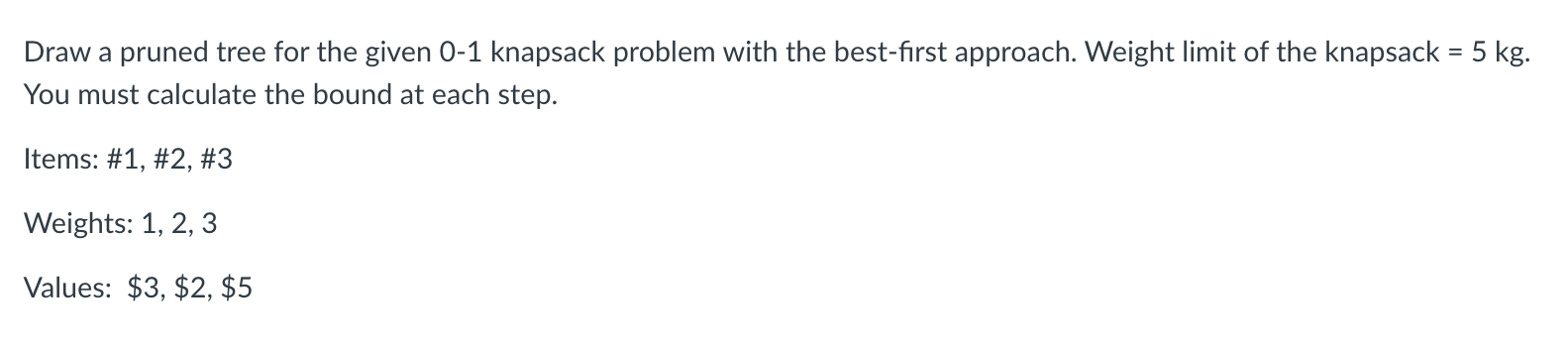 Solved Draw a pruned tree for the given 0-1 knapsack problem | Chegg.com