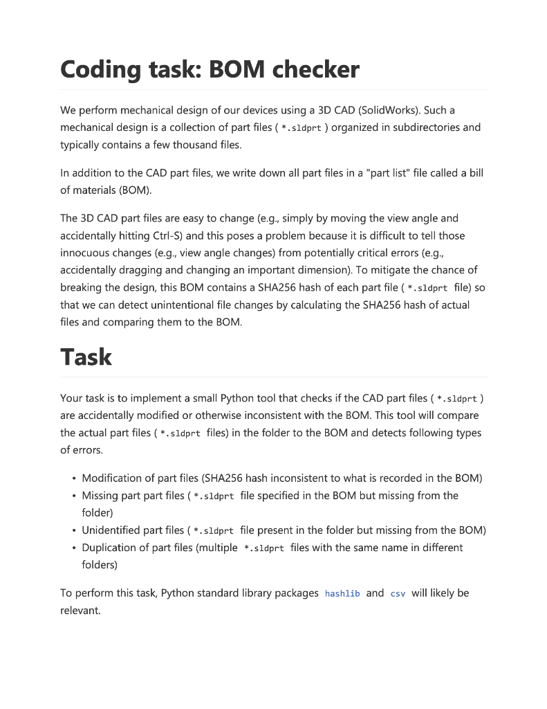 Coding task: BOM checker We perform mechanical design | Chegg.com