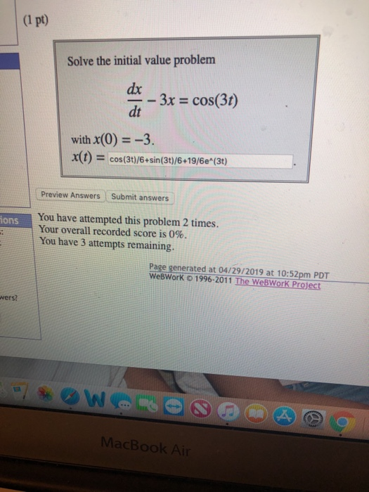 Solved (1 pt) Solve the initial value problem dx dt -3x | Chegg.com