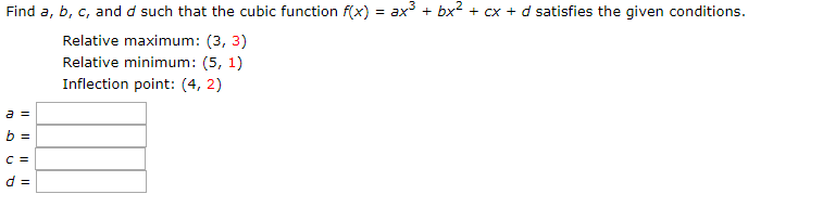 Solved Find a, b, c, and d such that the cubic function f(x) | Chegg.com