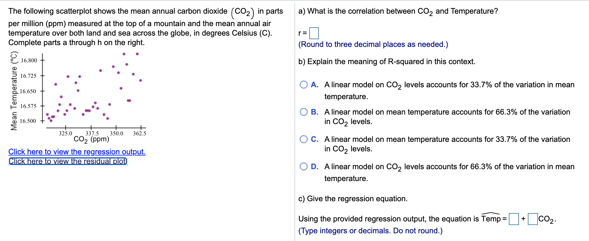 Solved A regression predicting mean temperature from CO2 | Chegg.com