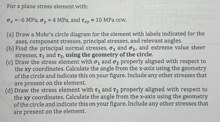 Solved For a plane stress element with:σx=-6MPa,σy=4MPa, and | Chegg.com