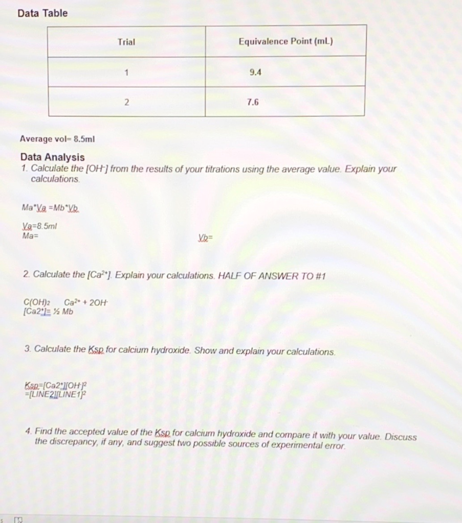 Solved Data Table Trial Equivalence Point (mL) 1 9.4 2. 7.6 | Chegg.com
