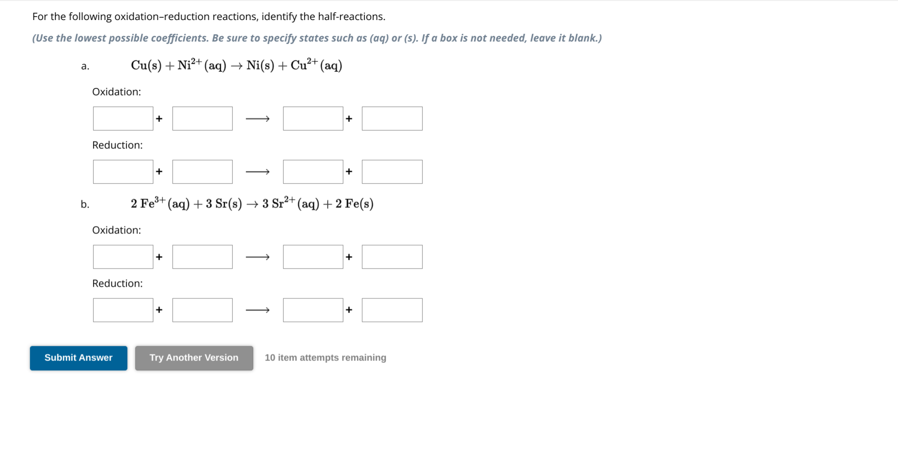 For the following oxidation-reduction reactions, | Chegg.com