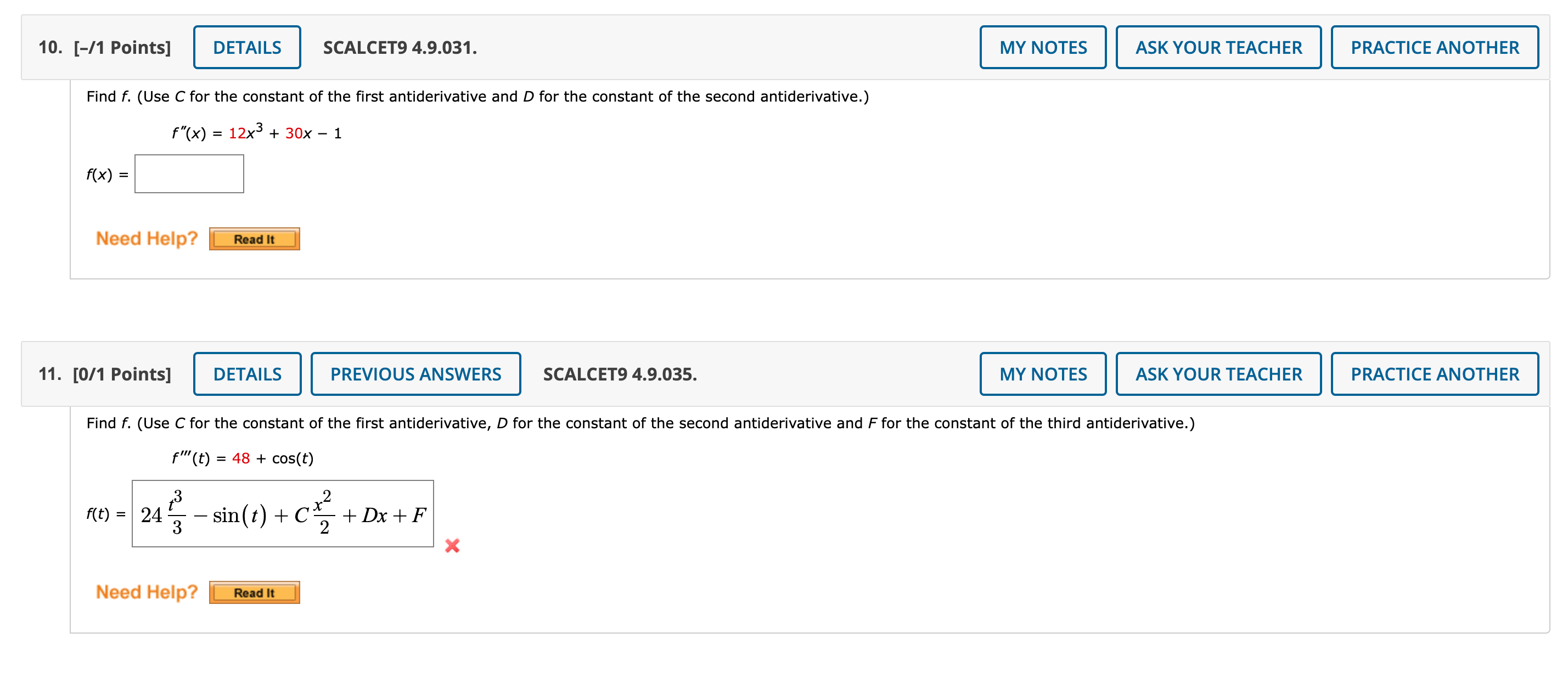 Solved -/1 Points] SCALCET9 4.9.031. Find f. (Use C for the | Chegg.com