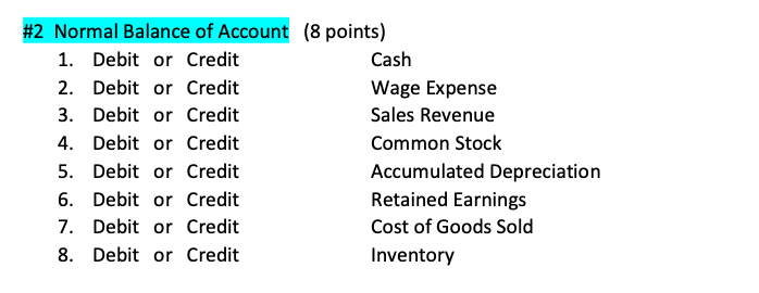 Solved #2 Normal Balance of Account (8 points) 1. Debitor | Chegg.com
