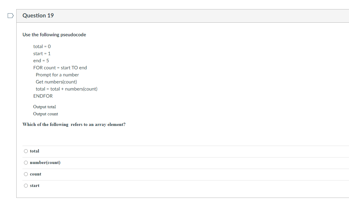 Solved Question 19 Use the following pseudocode total = 0 | Chegg.com