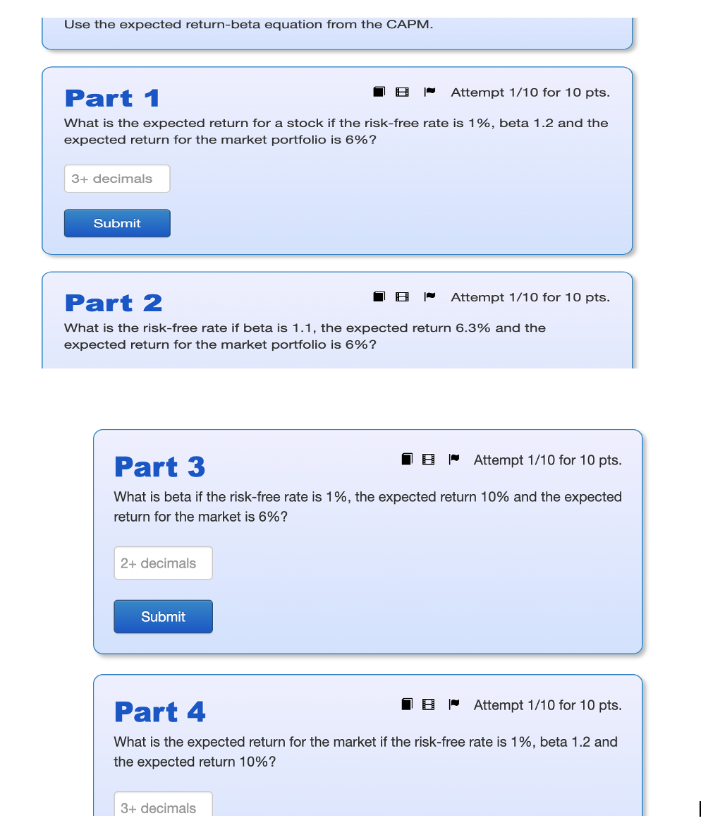 Solved Use the expected return-beta equation from the CAPM. | Chegg.com