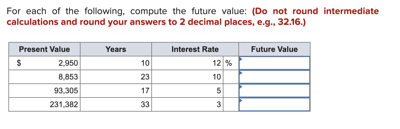Solved For each of the following, compute the future value: | Chegg.com