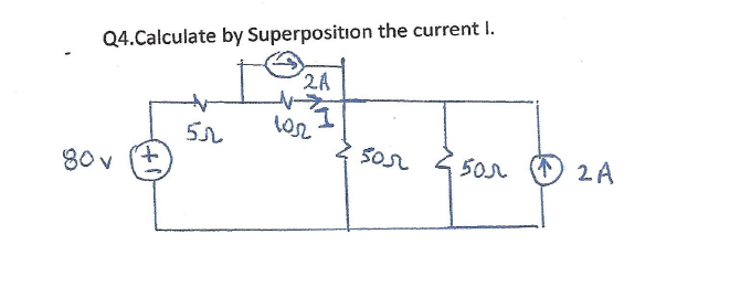 Solved Q4.Calculate by Superposition the current I. 2A 52 | Chegg.com