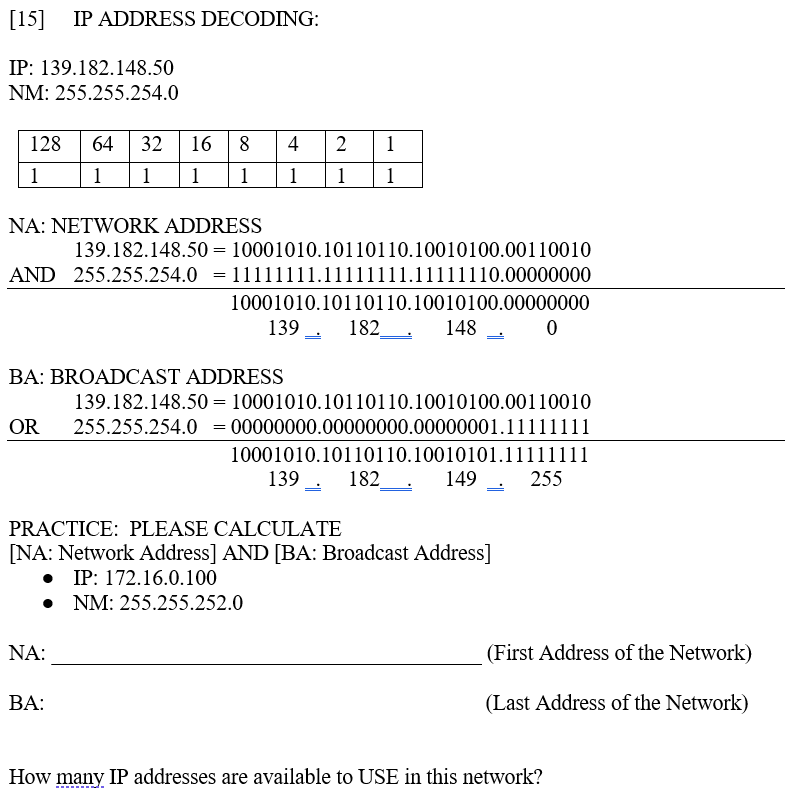 Solved [15] ﻿IP ADDRESS DECODING:IP: 139.182 .148 .50NM: | Chegg.com