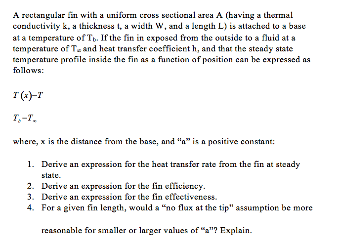 A rectangular fin with a uniform cross sectional area | Chegg.com