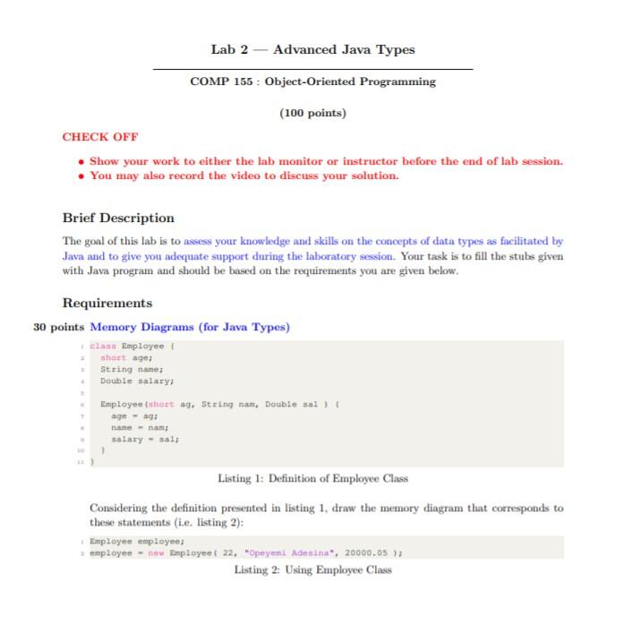 Solved Lab 2 - Advanced Java Types COMP 155 : | Chegg.com