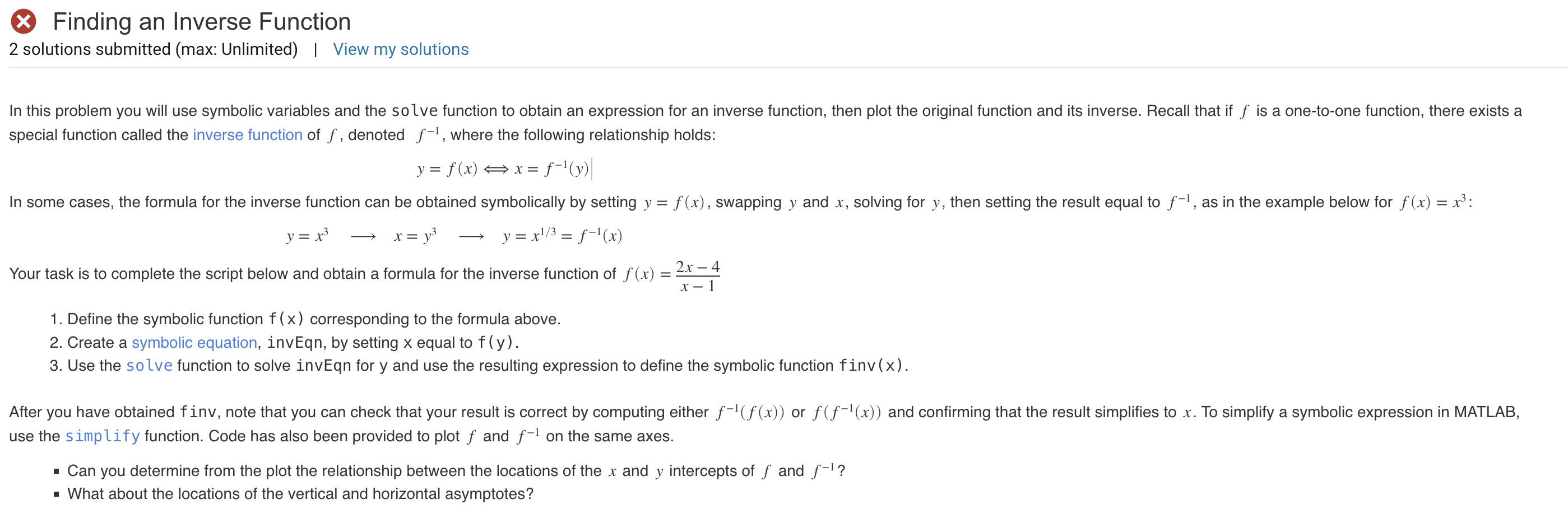 Solved Finding an Inverse Function 2 solutions submitted | Chegg.com