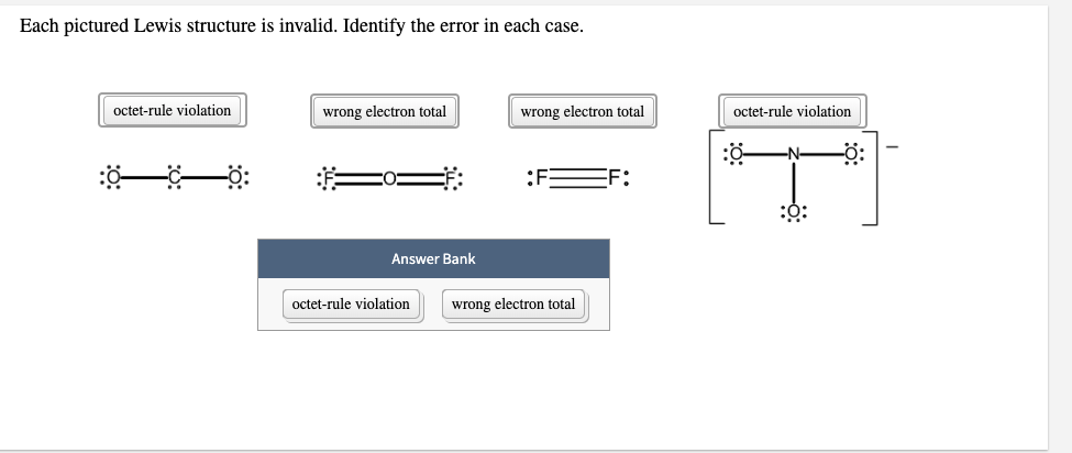 Solved Each pictured Lewis structure is invalid. Identify | Chegg.com Solved Each pictured Lewis structure is invalid. Identify | Chegg.com