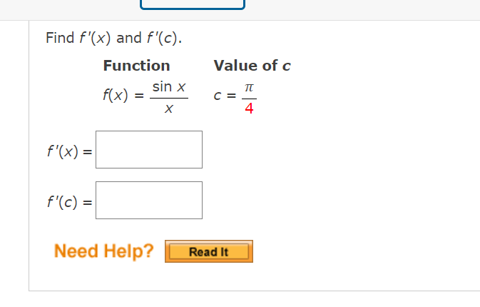 Solved Find f′(x) and f′(c) Function Value of c | Chegg.com