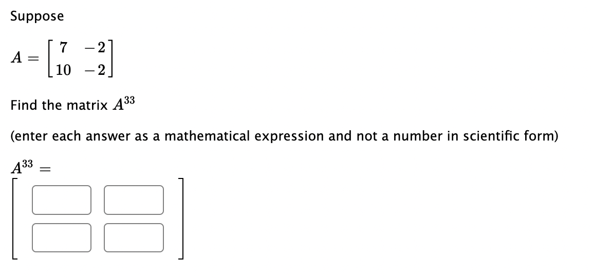 Solved Suppose A=[710−2−2] Find the matrix A33 (enter each | Chegg.com