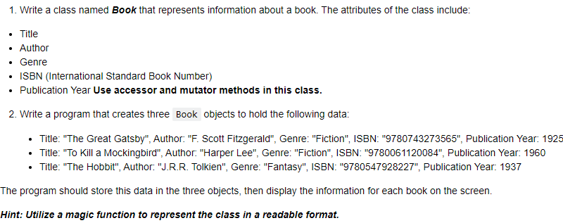 Solved 1. Write a class named Book that represents | Chegg.com