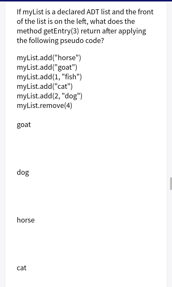 Solved If myList is a declared ADT list and the front of the | Chegg.com
