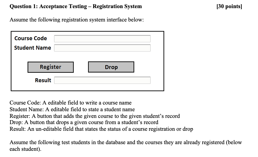 Solved Question 1: Acceptance Testing - Registration System | Chegg.com