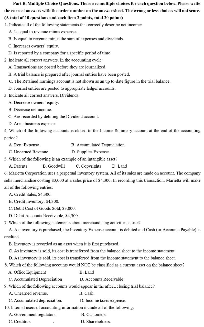 Solved Part B. Multiple Choice Questions. There are multiple | Chegg.com