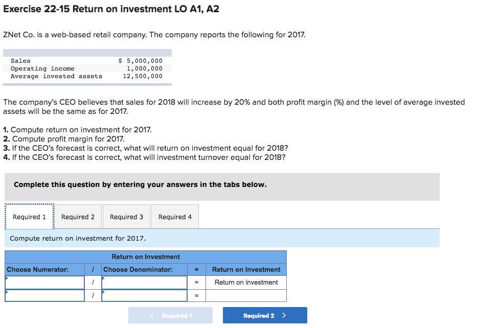 Solved Exercise 22-15 Return on investment LO A1, A2 ZNet | Chegg.com