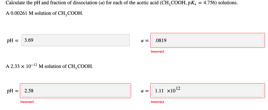 Solved Calculate the pH and fraction of dissociation (a) for | Chegg.com