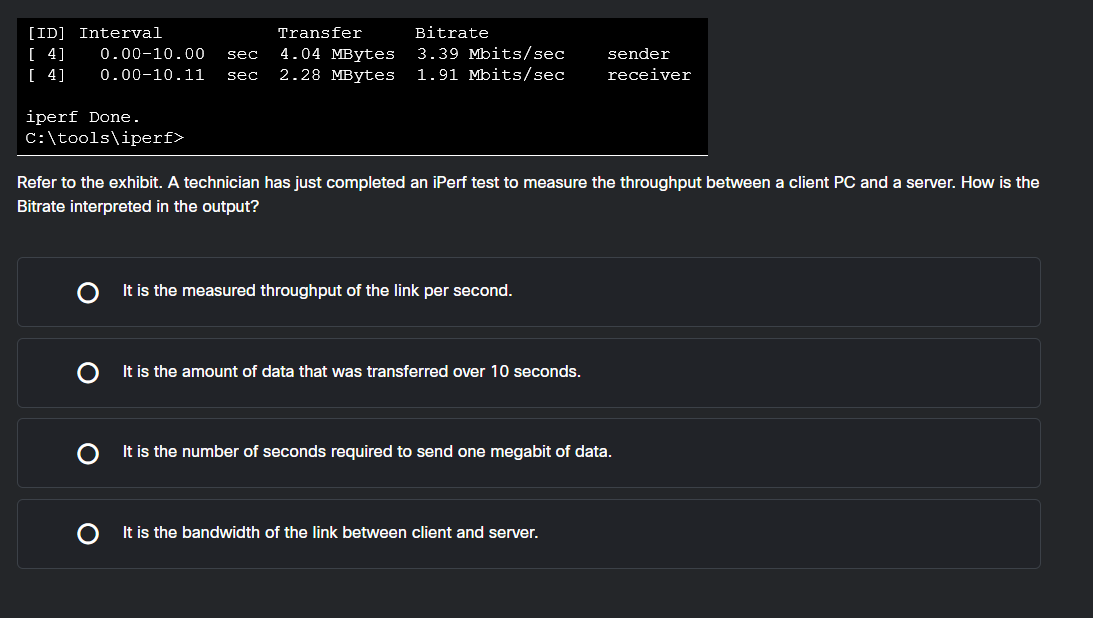Solved iperf Done. C: \tools\iperf> Refer to the exhibit. A | Chegg.com
