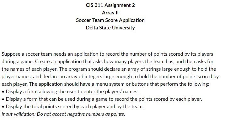 Solved CIS 311 Assignment 2 Array lI Soccer Team Score | Chegg.com