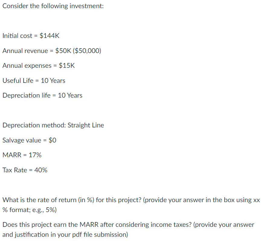 Solved Consider the following investment: Initial cost = | Chegg.com