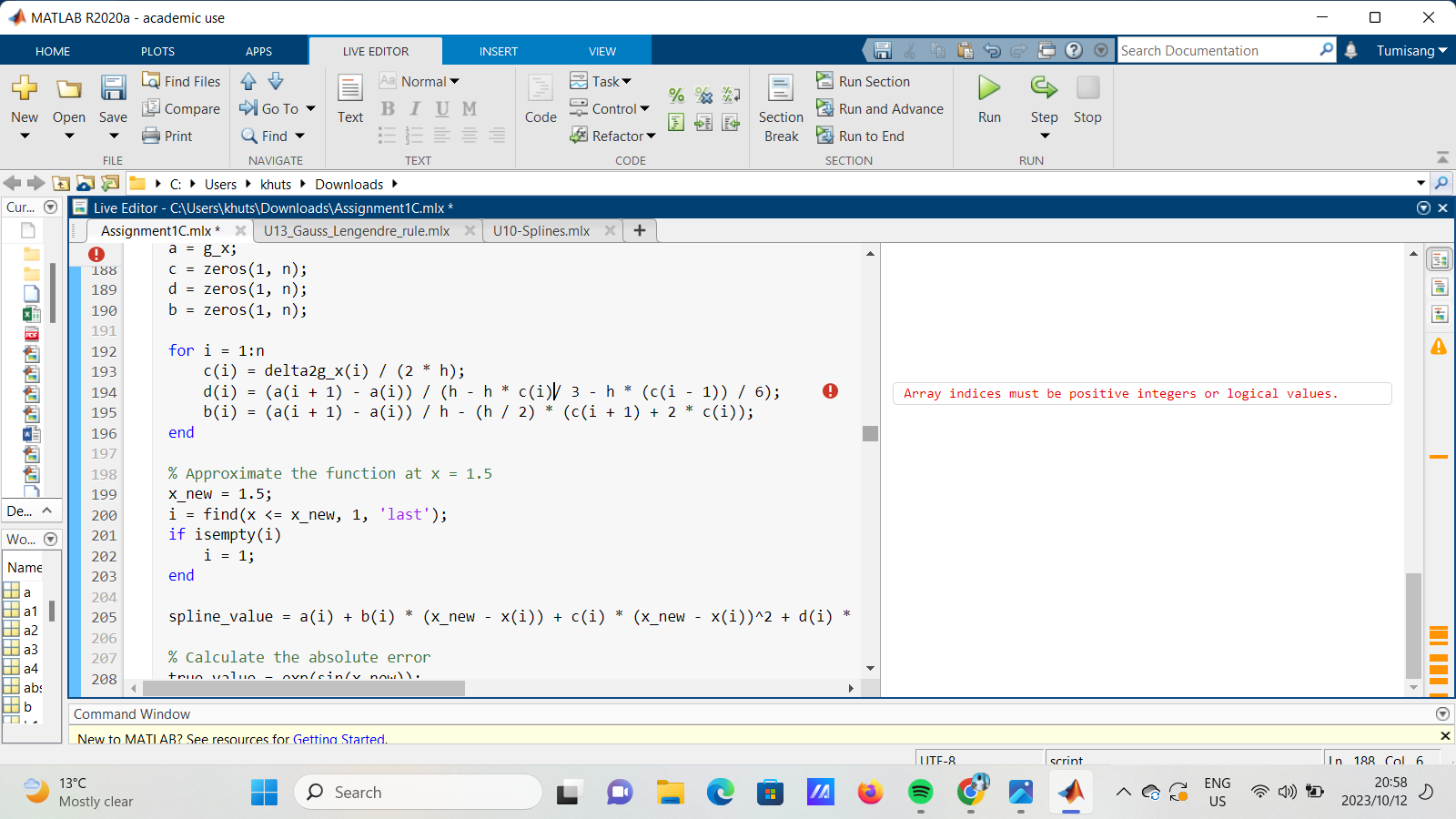Solved Assignment1C.mlx * a=g−x; c=zeros(1,n); d=zeros(1,n); | Chegg.com