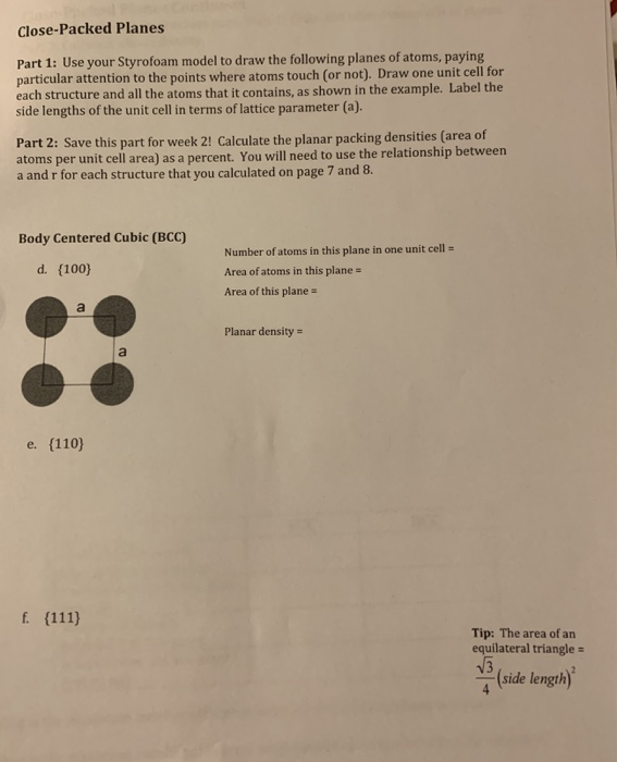 Solved Close-Packed Planes Part 1: Use your Styrofoam model | Chegg.com